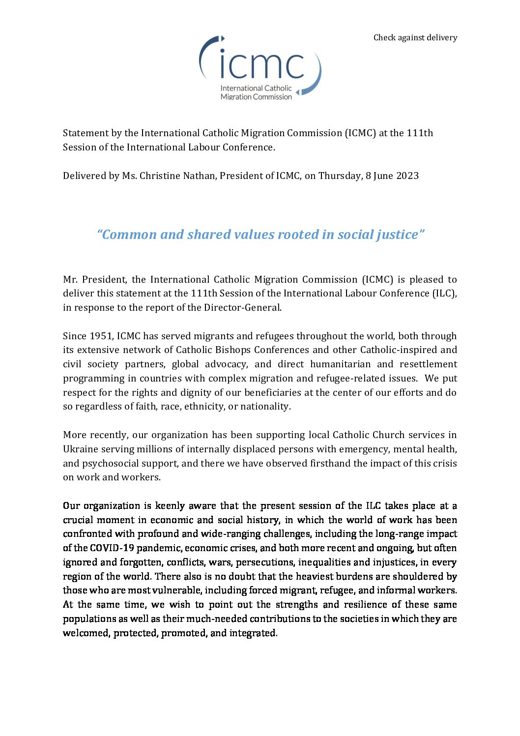 ICMC Statement at 2023 International Labour Conference - The ...